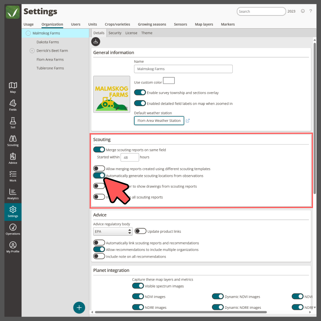 Setup and return to scouting location points – FarmQA
