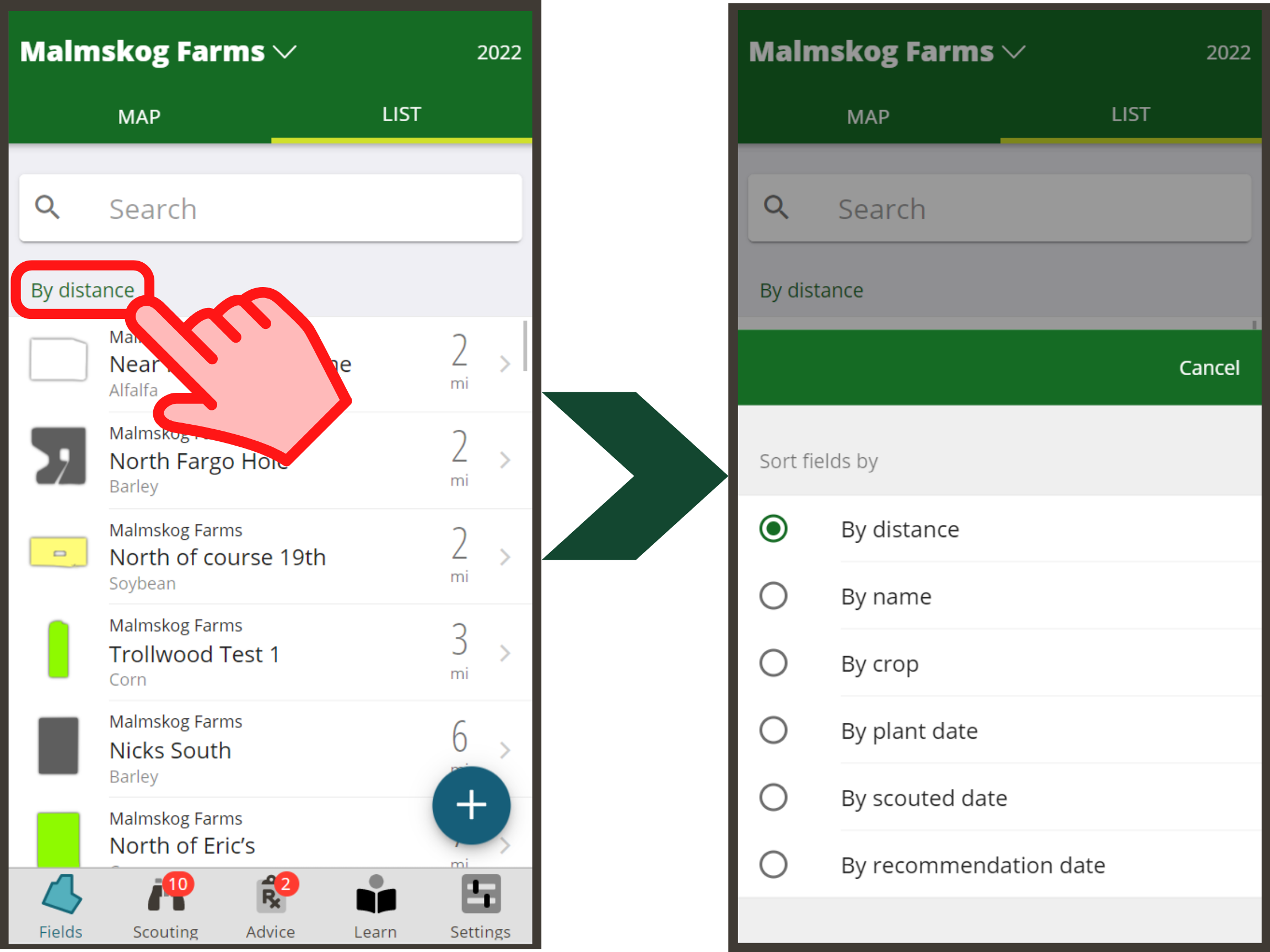 Sorting the fields in your FarmQA mobile app from the list view – FarmQA
